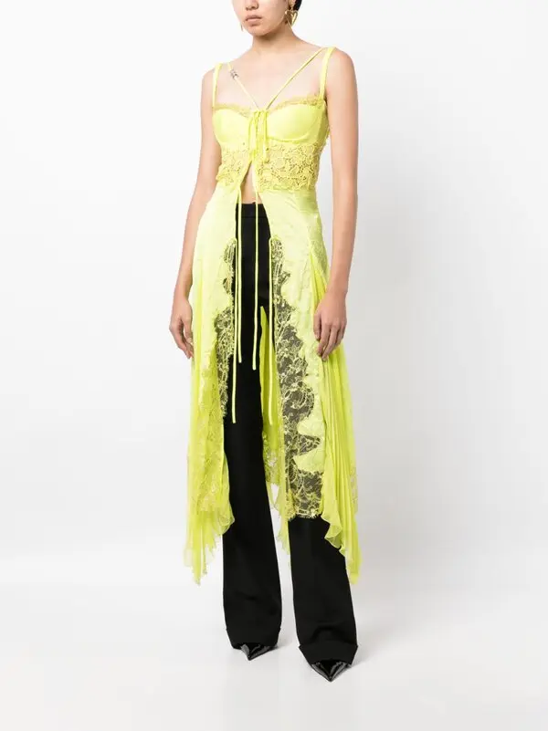 Versace Sheer-Lace Asymmetric Satin Dress In Yellow - 45% Off | Editorialist