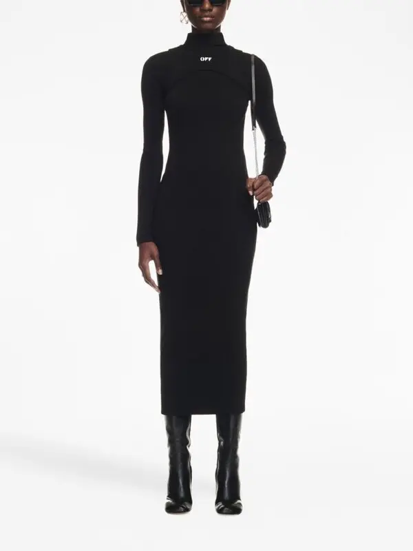 Off-White Ribbed Turtleneck Midi Dress - Black
