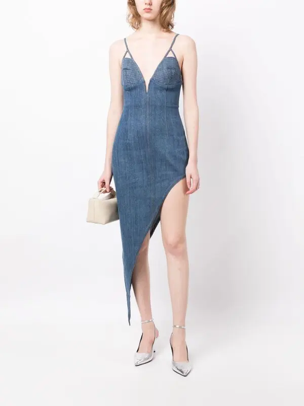 princess polly baby blue dress Steve Madden Ellis V-Neck Sleeveless Spiral Ruffle Asymmetrical Hem Denim  Midi Dress