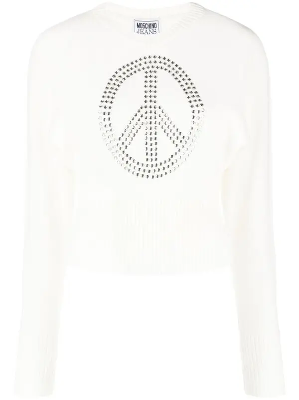 Moschino Studded-peace Sign Wool-blend Jumper - White