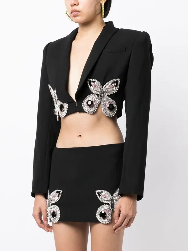 AREA Butterfly-embroidered Cropped Blazer - Black