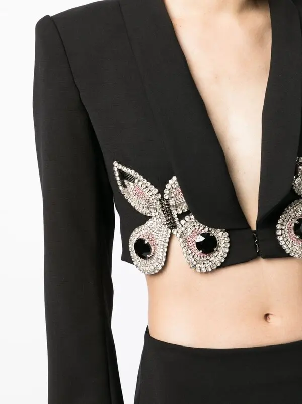 AREA Butterfly-embroidered Cropped Blazer - Black