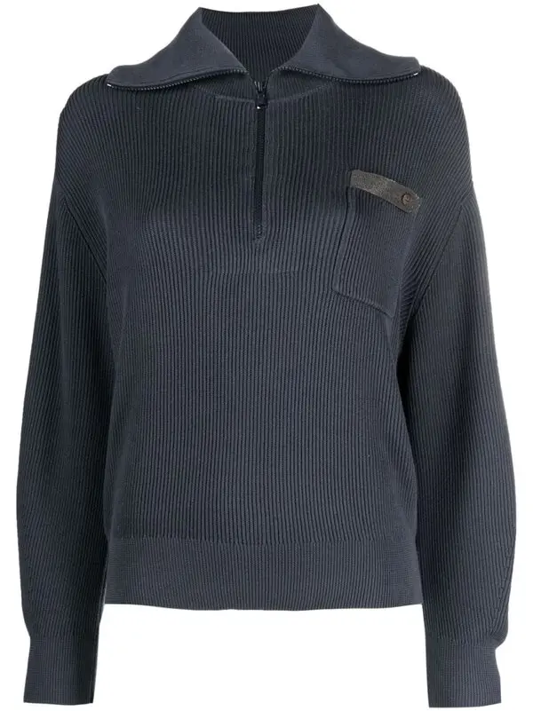 Brunello Cucinelli Monili-embellished Half-zip Jumper - Blue