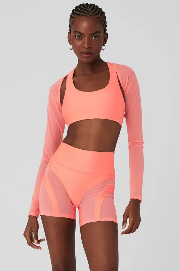 Alo Yoga Mesh Heat Wave Shrug Top In Candy Orange - 20% Off | Editorialist