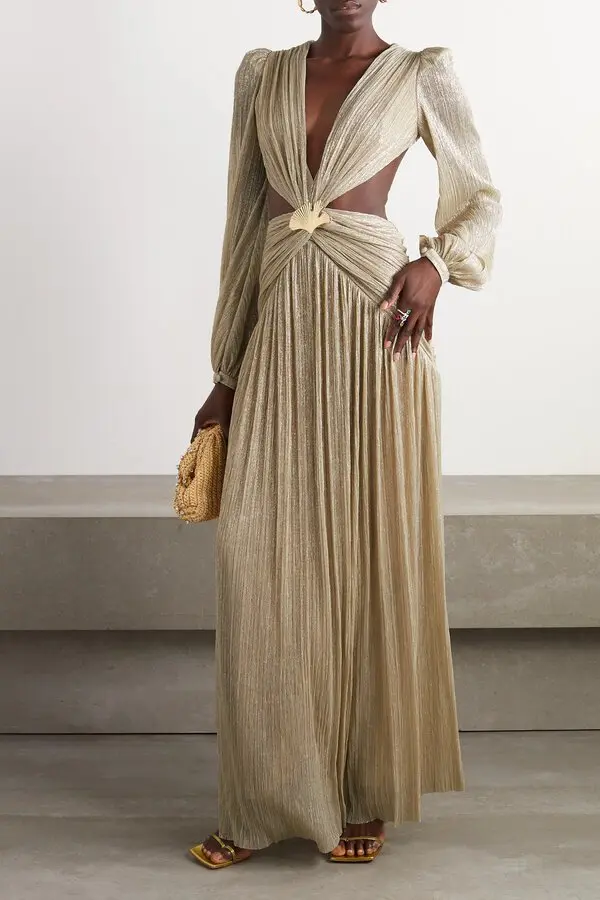 Patbo Cutout Metallic Knitted Maxi Dress In Gold - 30% Off | Editorialist
