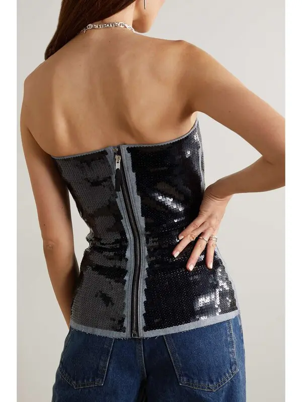 Rick Owens Sequined Stretch-denim Bustier Top - Black