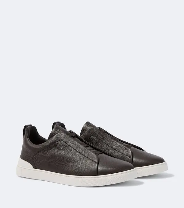 Zegna Triple Stitch Leather Sneakers - Brown