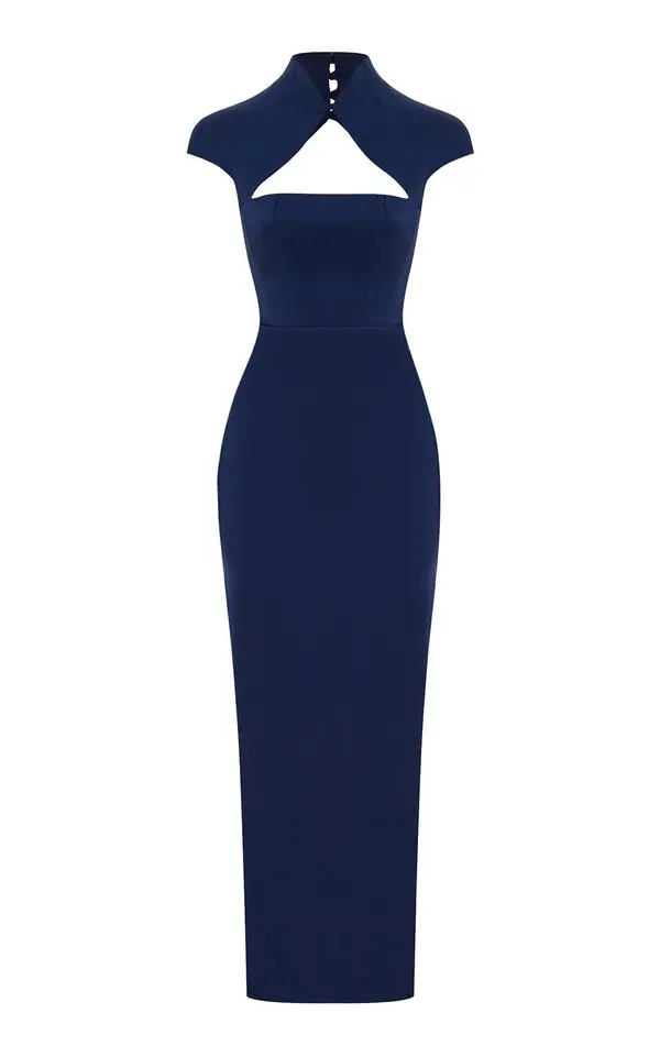 Rasario Collared Satin Midi Dress In Navy - 70% Off | Editorialist