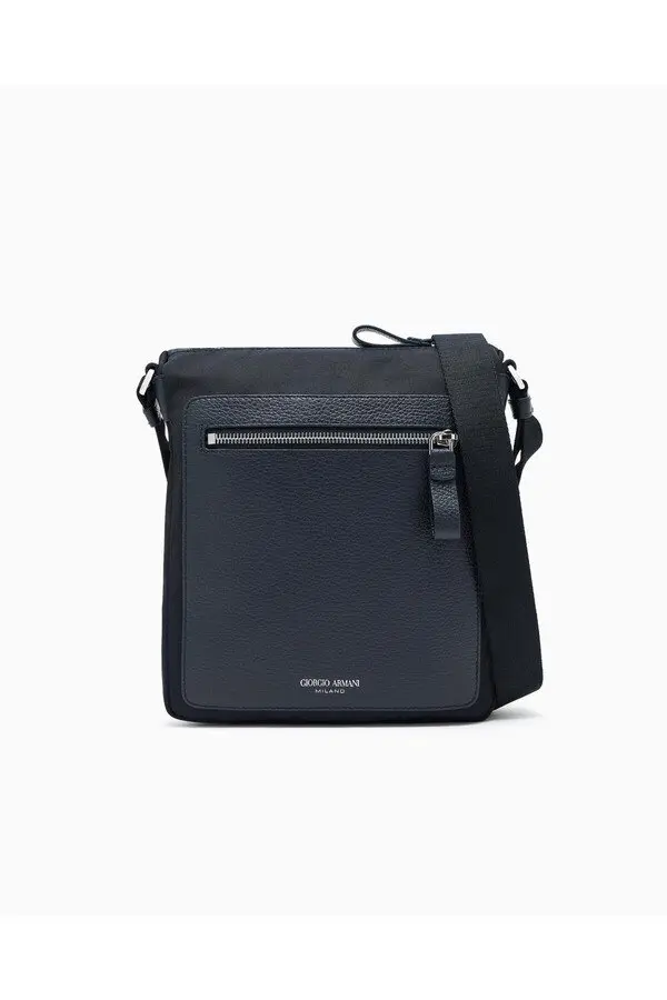 Giorgio Armani Asv Crossbody Bag In Nylon And Pebbled Leather - Black
