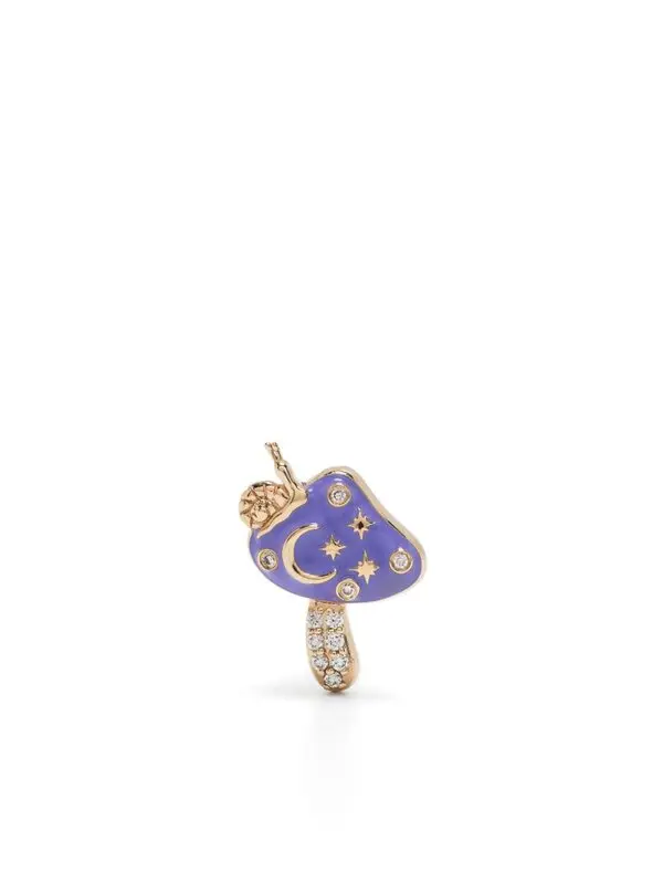 SYDNEY EVAN 14kt Yellow Gold Celestial Mushroom Diamond And Enamel Stud Earring - Purple