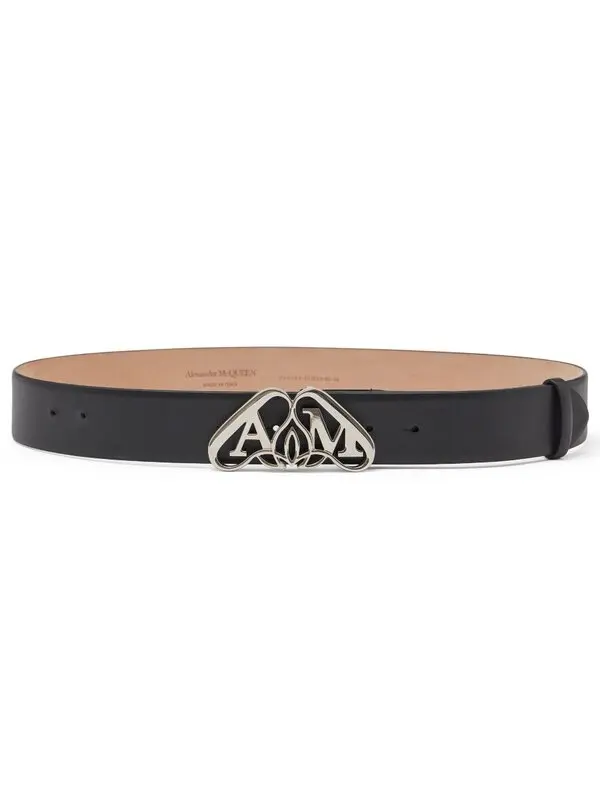Alexander Mcqueen Seal Logo Leather Belt - Black | Editorialist display picture 3