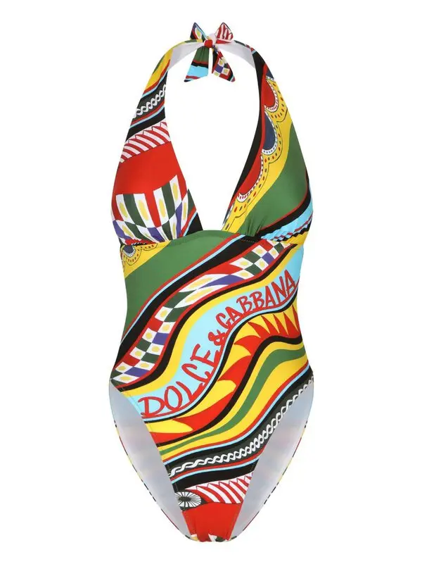 Dolce & Gabbana Carretto-print Halterneck Swimsuit - Red