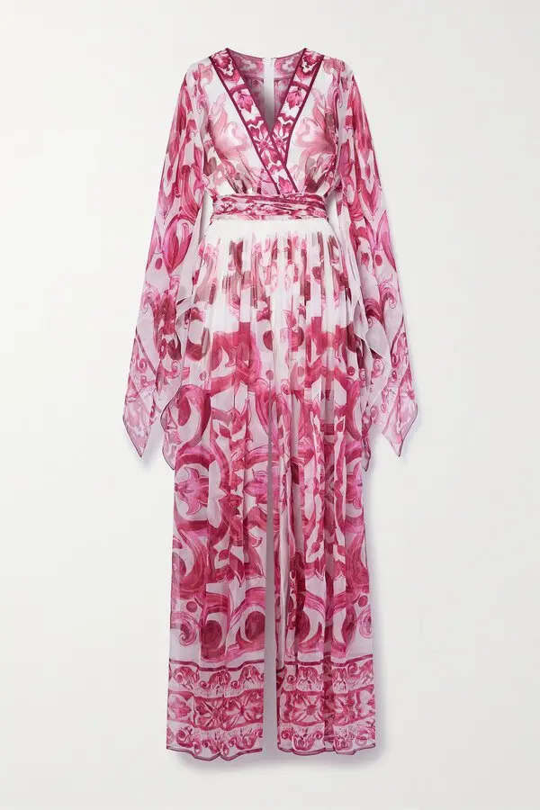 Dolce & Gabbana Majolica Belted Printed Silk-chiffon Jumpsuit - Pink