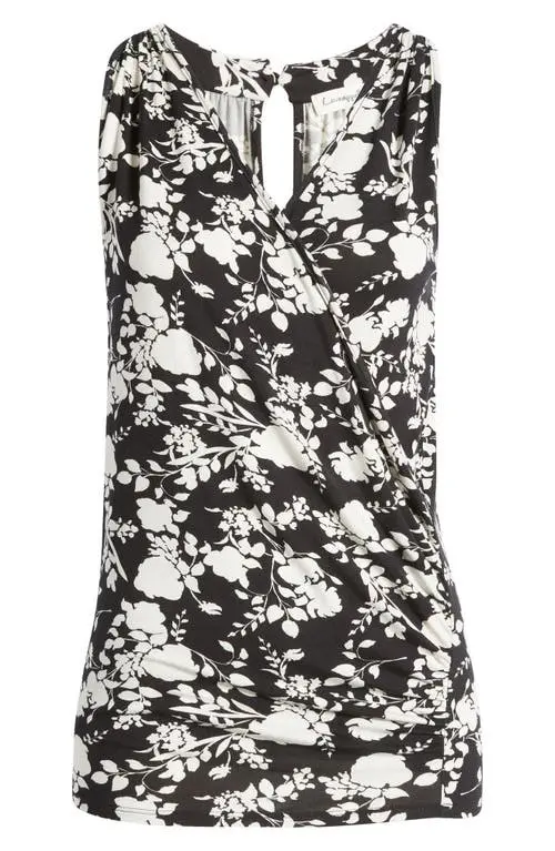 Loveappella Print Faux Wrap Tank - Black/ivory