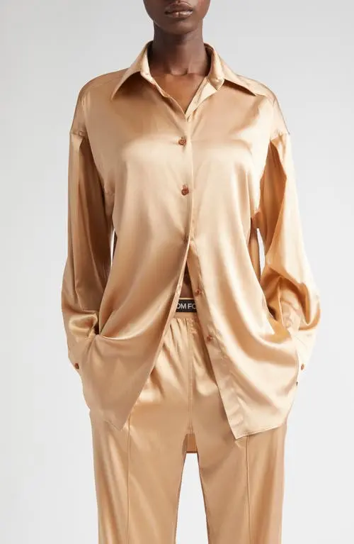 TOM FORD Relaxed Fit Stretch Silk Satin Blouse - Pale Beige