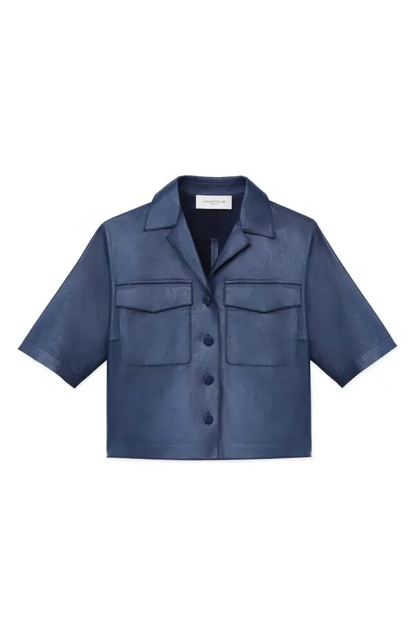 Lafayette 148 New York Short Sleeve Lambskin Leather Crop Jacket