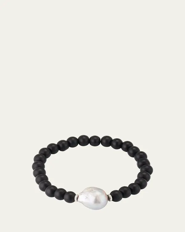JAN LESLIE Onyx Beaded Bracelet With Pearl Center - Black