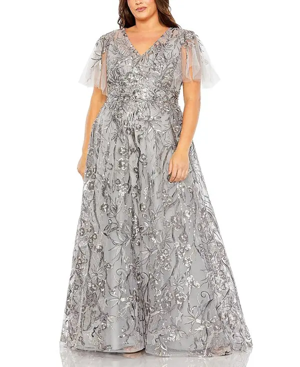 Mac Duggal High Neck Flutter Sleeve Embroidered A-line Gown - Grey