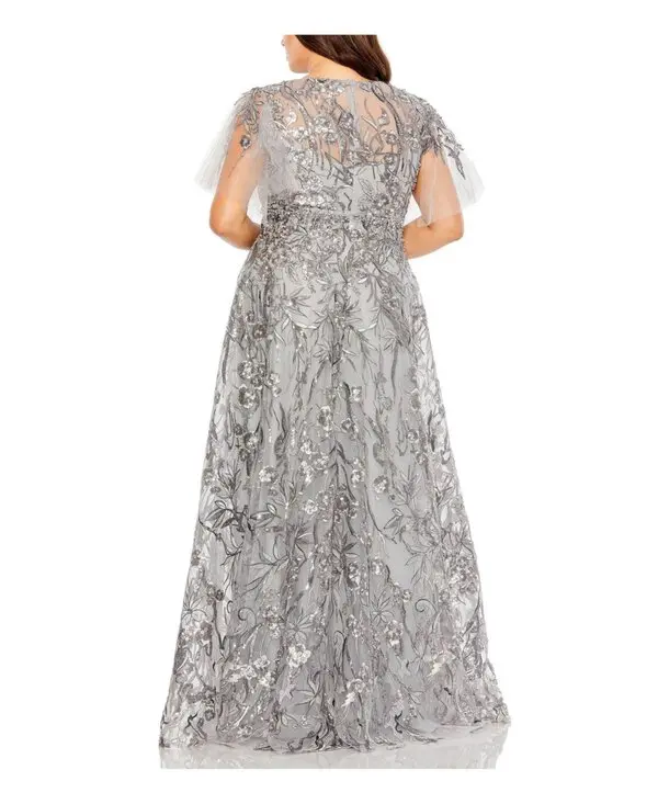 Mac Duggal High Neck Flutter Sleeve Embroidered A-line Gown - Grey