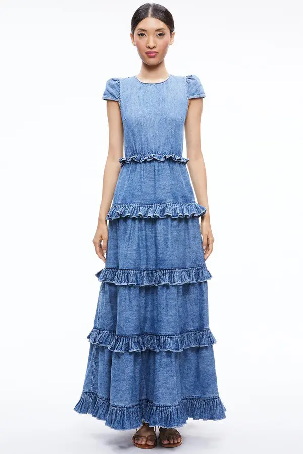 Alice + Olivia Cadby Denim Ruffled Maxi Dress In Blue - 60% Off