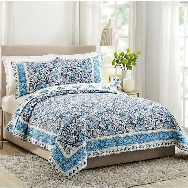 DENA HOME Bisou Floral Cotton Quilt Set, King - Blue