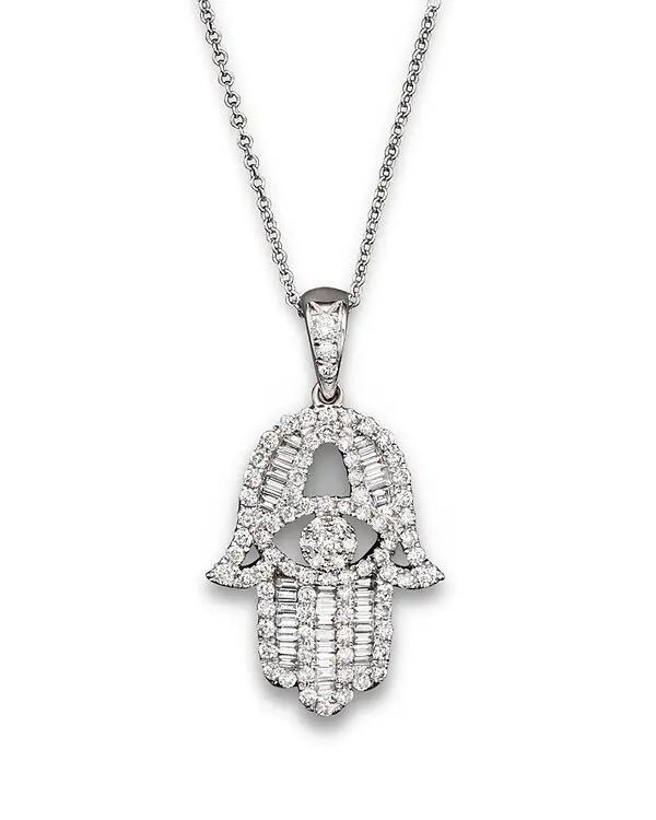 Bloomingdale'S 14k Gold Diamond And Baguette Hamsa Pendant Necklace, 0.55 Tcw - White