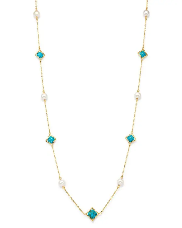 Bloomingdale'S Cultured Freshwater Pearl & Turquoise Station Necklace - Blue/gold