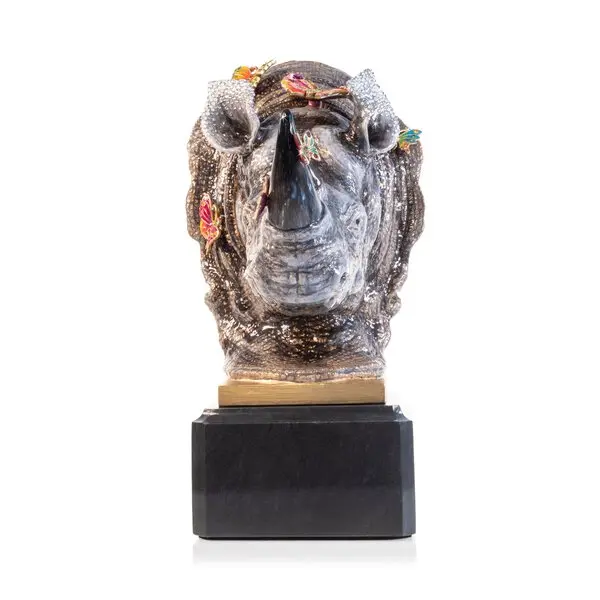 JAY STRONGWATER Rhino Bust With Butterflies Objet D'art