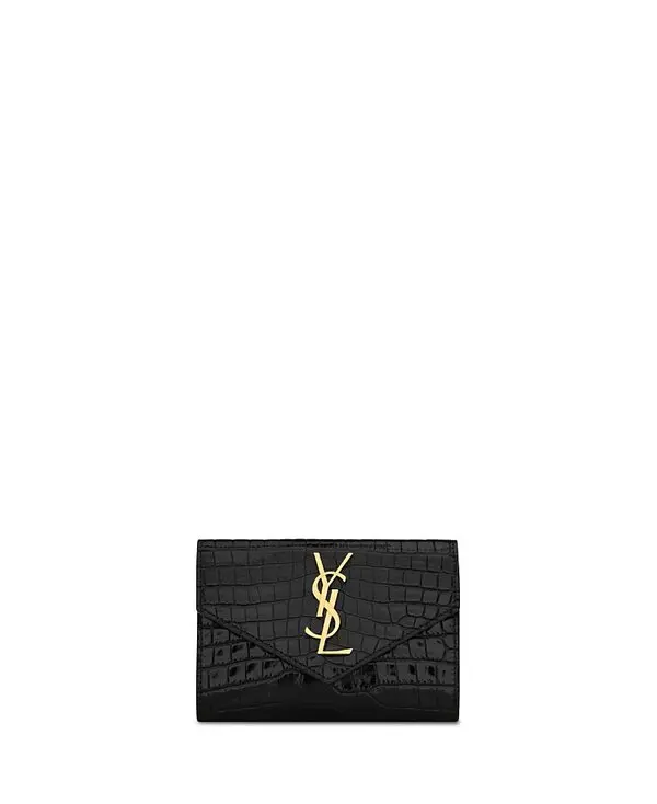 Saint Laurent Cassandre Matelasse Envelope Wallet - Black Shiny Croc/gold