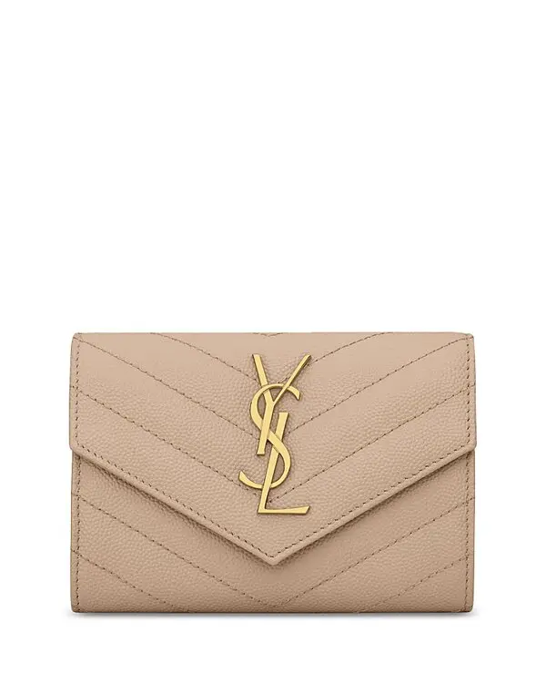 Saint Laurent Cassandre Matelasse Envelope Wallet - Dark Beige Grain Leather/gold