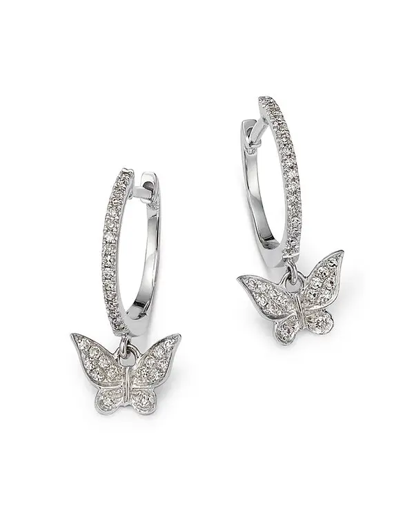 Meira T 14k Gold Diamond Butterfly Dangle Hoop Earrings - White