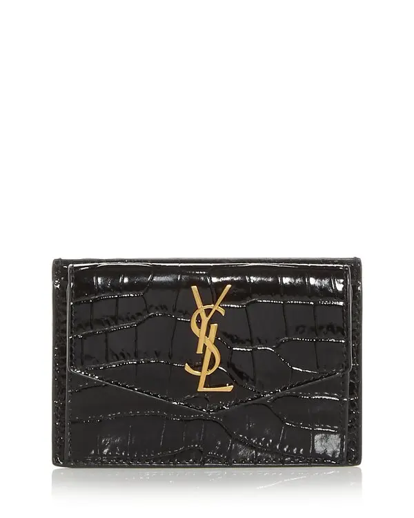 Saint Laurent Uptown Flap Card Case In Crocodile-embossed Shiny Leather - Nero Croc/gold
