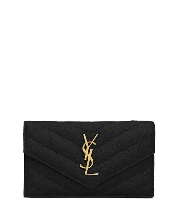 Saint Laurent Cassandre Matelasse Fragments Flap Card Case - Black Grain Leather/gold