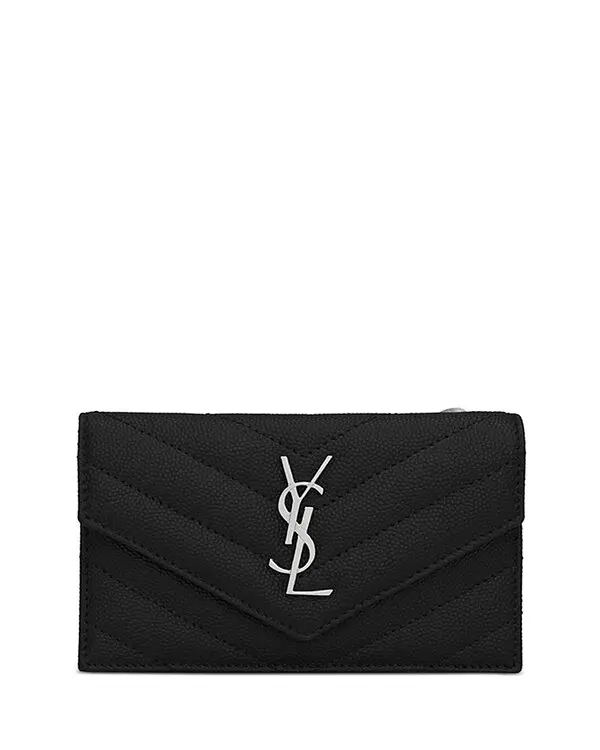 Saint Laurent Cassandre Matelasse Fragments Flap Card Case - Black Grain Leather/silver