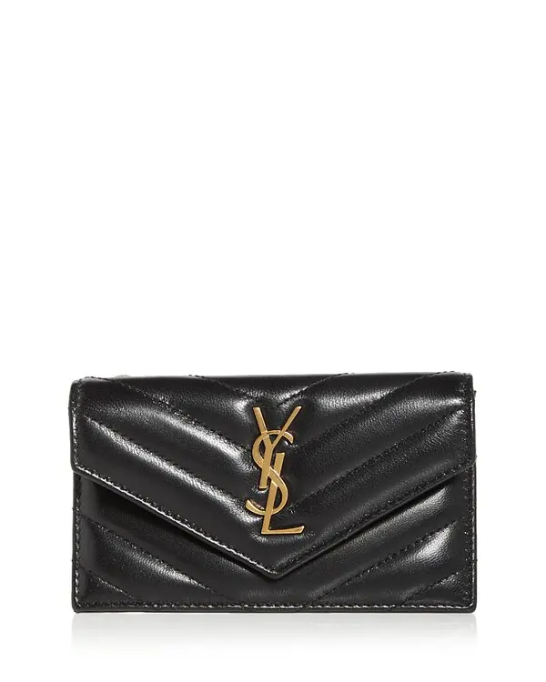 Saint Laurent Cassandre Matelasse Fragments Flap Card Case - Black Lambskin/gold