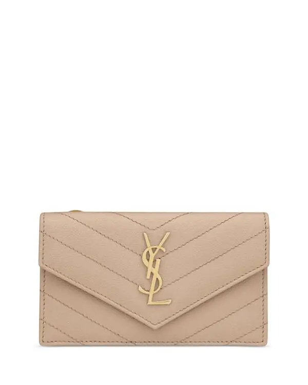 Saint Laurent Cassandre Matelasse Fragments Flap Card Case - Dark Beige Grain Leather/gold