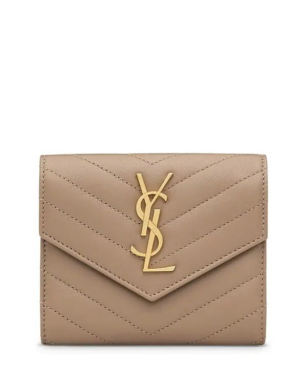 Saint Laurent Monogram Small Envelope Quilted Leather Wallet - Dusty Grey