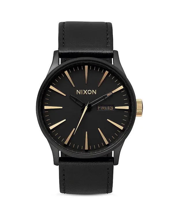 Nixon Sentry Leather Strap Watch 42mm - Black