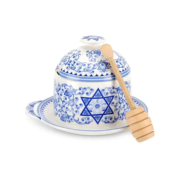 SPODE Judaica Honey Pot With Drizzler - Blue/white