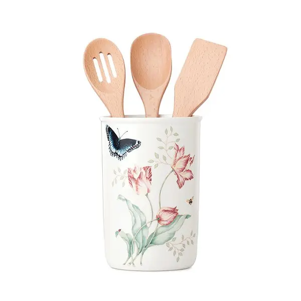 LENOX Butterfly 4 Piece Meadow Utensil Jar With 3 Kitchen Utensils - White