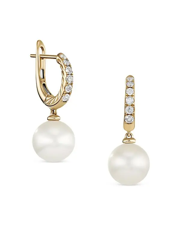 David Yurman 18k Yellow Gold Pearl And Diamond Hoop Dangle Earrings - White/gold