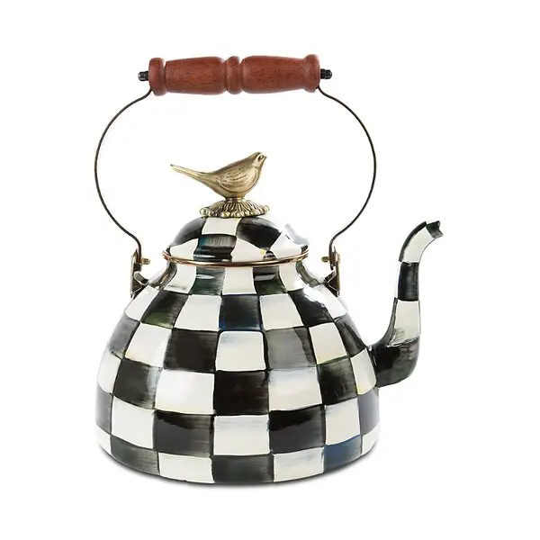 MACKENZIE-CHILDS Courtly Check Enamel 3 Qt. Tea Kettle With Bird - Black/white