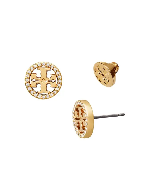 Tory Burch Crystal Circle Logo Stud Earrings - Clear/gold