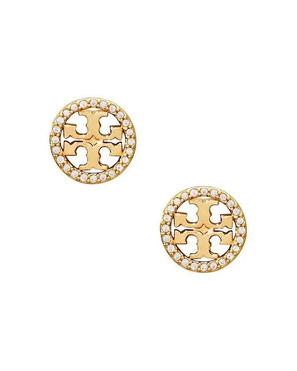 Tory Burch Crystal Circle Logo Stud Earrings - Clear/gold