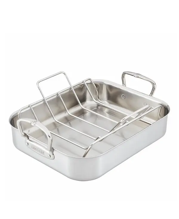HESTAN Provisions 16.5-inch Clad Stainless Steel Roaster With Rack, Large - Silver