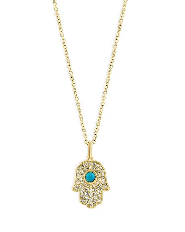 Bloomingdale'S 14k Yellow Gold Turquoise And Diamond Hamsa Pendant Necklace - Blue/gold