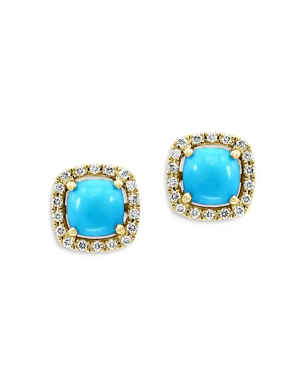 Bloomingdale'S 14k Yellow Gold, Diamond, And Turquoise Stud Earrings - Turquoise/gold