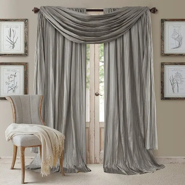 ELRENE HOME FASHIONS Athena 52 X 95 Crinkled Curtain Panels, Pair With Scarf Valance - Sterling
