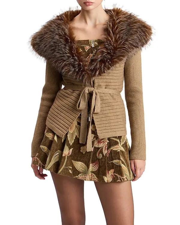 Avec Les Filles Faux Fur Collar Tie Cardigan Sweater - Camel