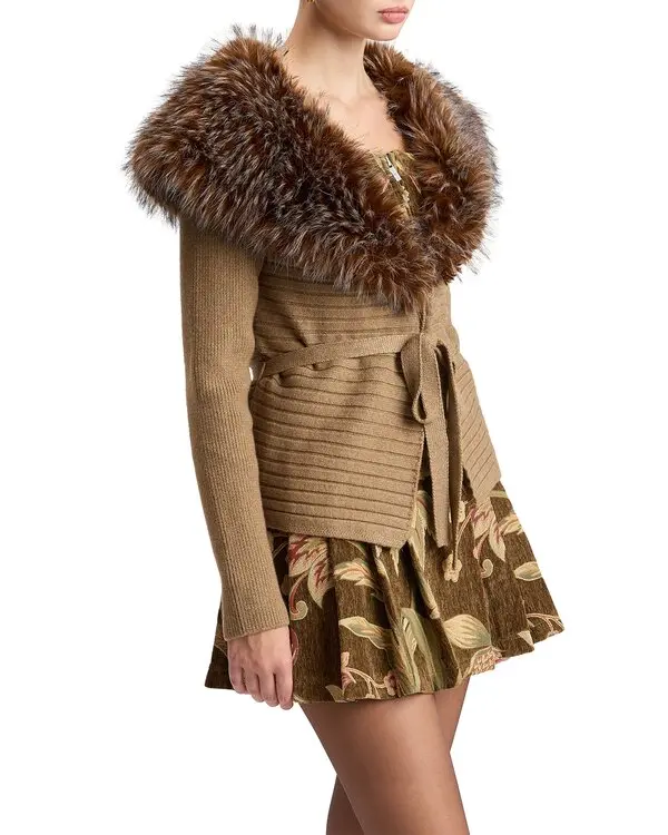 Avec Les Filles Faux Fur Collar Tie Cardigan Sweater
